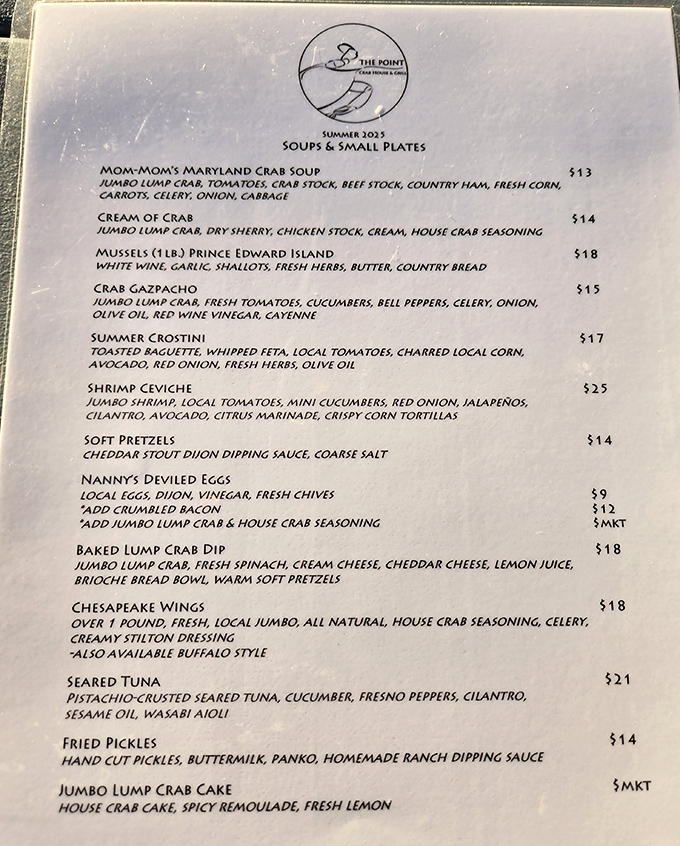 This menu reads like seafood poetry &ndash; "jumbo lump crab" appears so often it should have its own Maryland zip code.