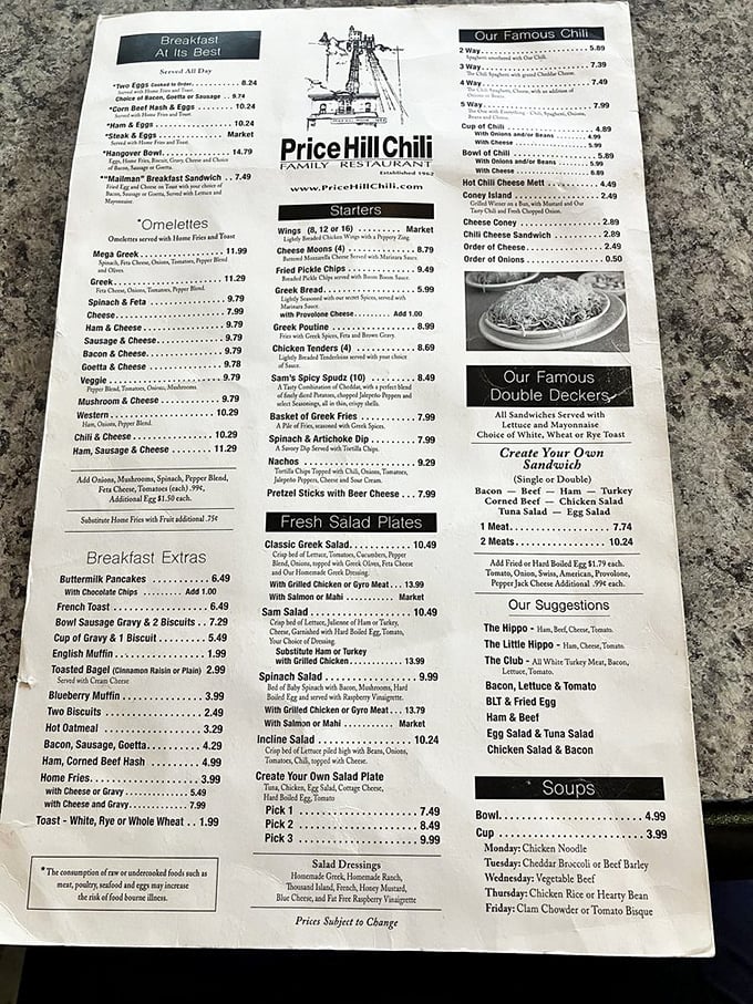 The menu &ndash; a roadmap to Cincinnati's culinary soul. Notice the "ways" system that defines proper chili ordering protocol.