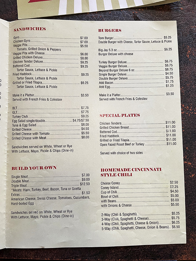 The menu reads like a love letter to Midwest comfort food, with Cincinnati-style chili taking center stage in various glorious forms.