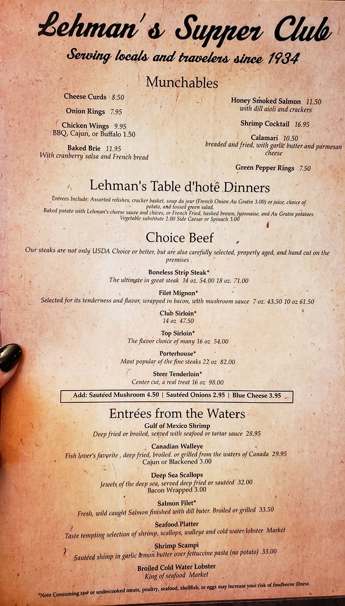 The menu tells the real story – carefully selected, properly aged, hand-cut steaks that make vegetarians question their life choices.