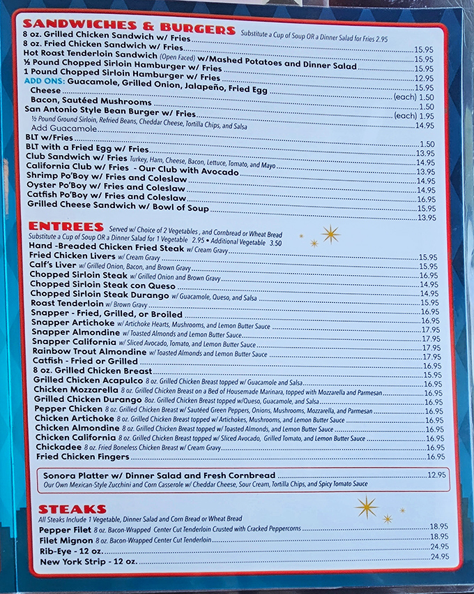 This menu isn't just a list of food &ndash; it's a love letter to Texas comfort cuisine, where chicken fried steak gets top billing and diet plans go to die.