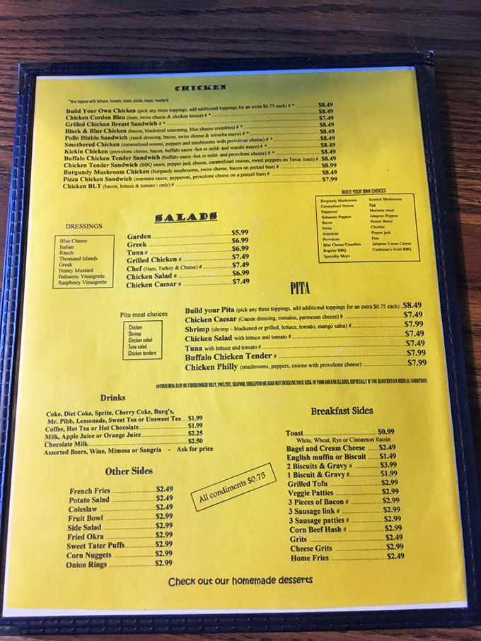 A menu so extensive it could double as light reading material. The green accents hint at treasures that would make Captain Hook abandon ship.