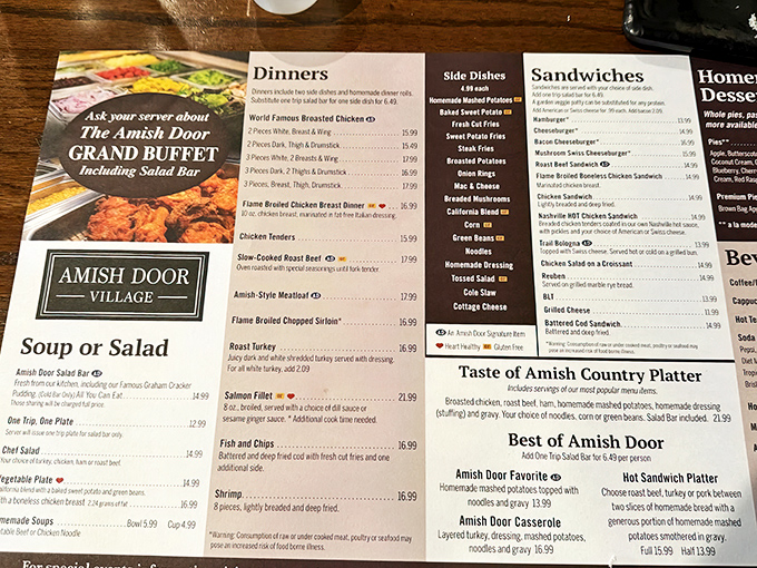 This menu isn't just a list of options—it's a roadmap to comfort food nirvana. The "Taste of Amish Country Platter" isn't messing around.