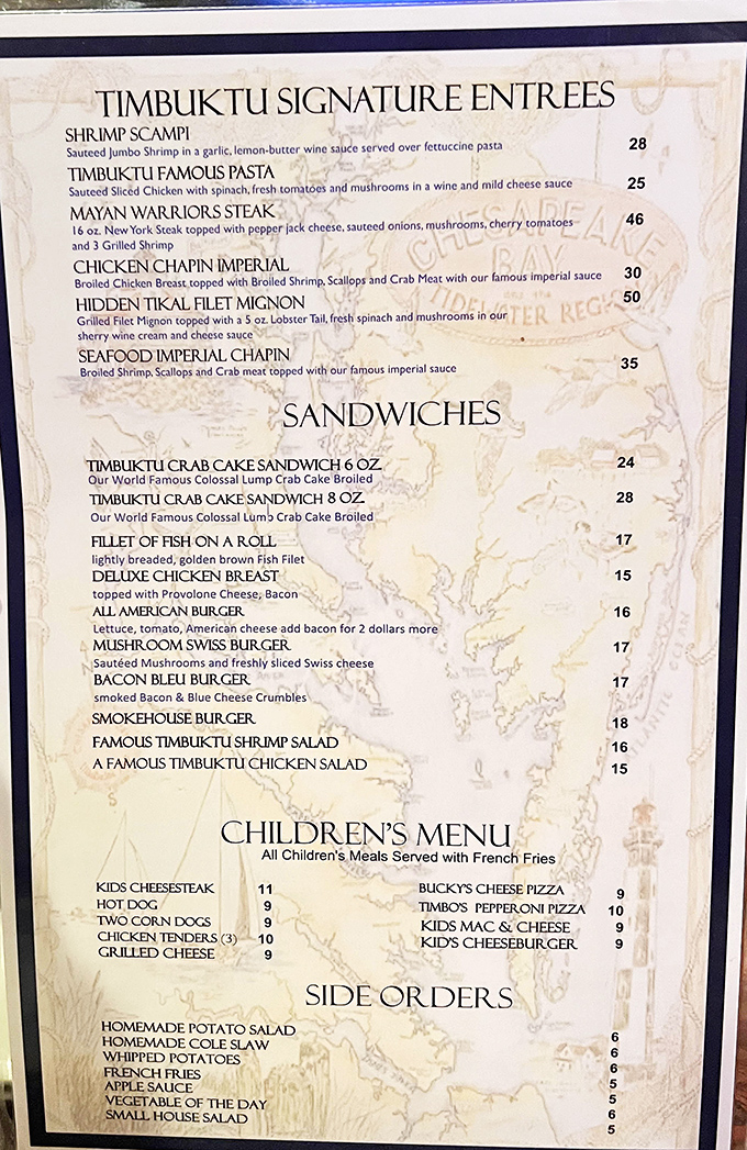 The menu reads like a love letter to Maryland cuisine, with those famous crab cakes taking center stage. No fine print needed when the food speaks this loudly.