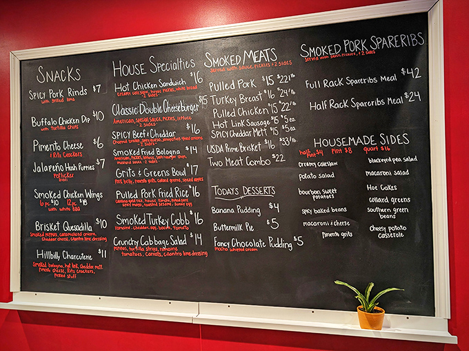 The chalkboard menu&mdash;a barbecue lover's dream sheet&mdash;showcases smoked meats, house specialties, and that peach cobbler that's worth every calorie.