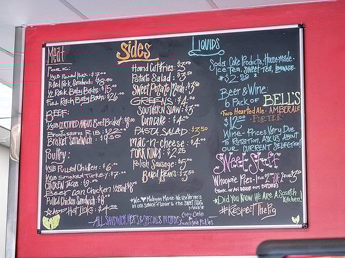 That chalkboard menu isn't just information&mdash;it's a roadmap to happiness. Each colorful chalk listing represents a potential life-changing barbecue experience.