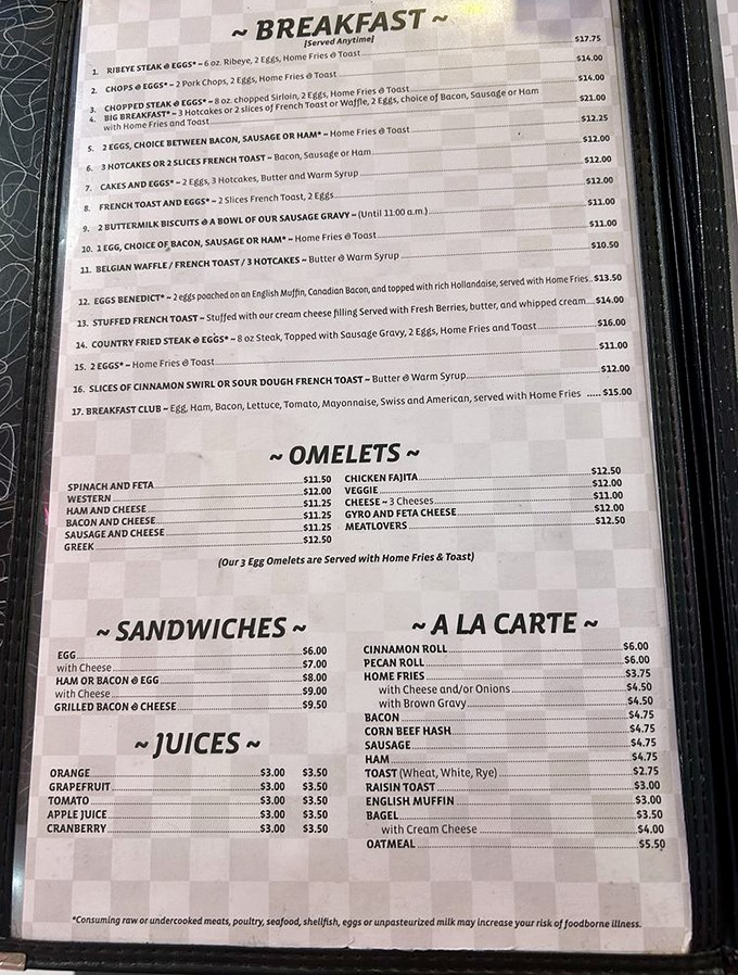 A menu that reads like a love letter to breakfast. Decisions this difficult should come with a therapist on standby.