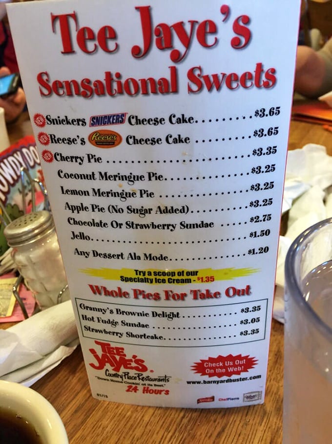 The "Sensational Sweets" menu reads like a dessert fantasy league draft. Snickers cheesecake and Granny's Brownie Delight? Yes, please!