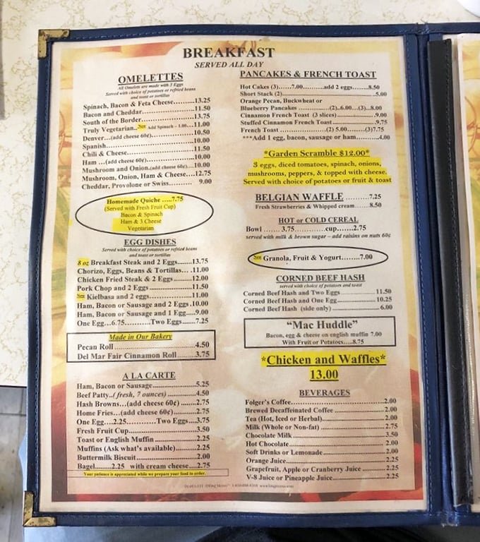 This menu isn't just a list of food&mdash;it's a roadmap to happiness. Note the highlighted "Chicken and Waffles" calling your name.