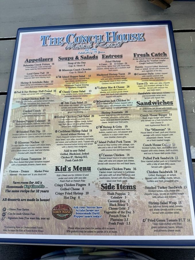 The menu reads like a love letter to the ocean, with everything from Bahamian Conch Fritters to Island Pulled Pork Tacos for the land-lovers.