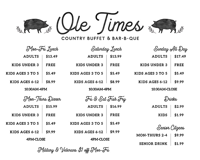 A menu that speaks the universal language of value—where kids eat free, seniors get discounts, and everyone leaves with their belt a notch looser.