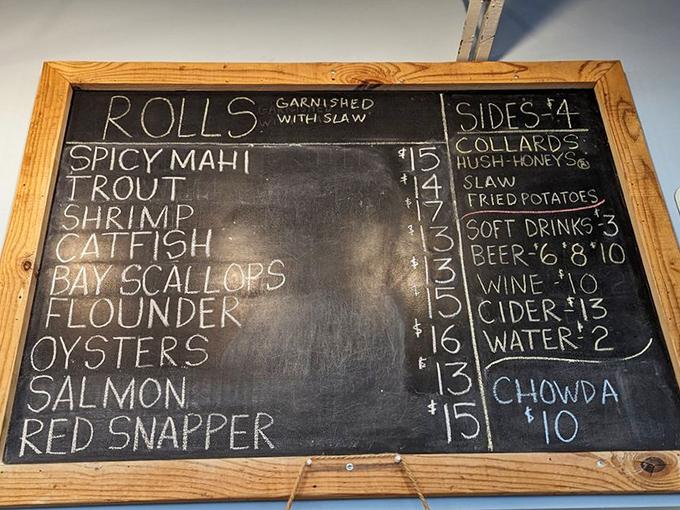 The chalkboard menu reads like coastal poetry&mdash;each fish a promise, each side dish a supporting character in your seafood adventure.