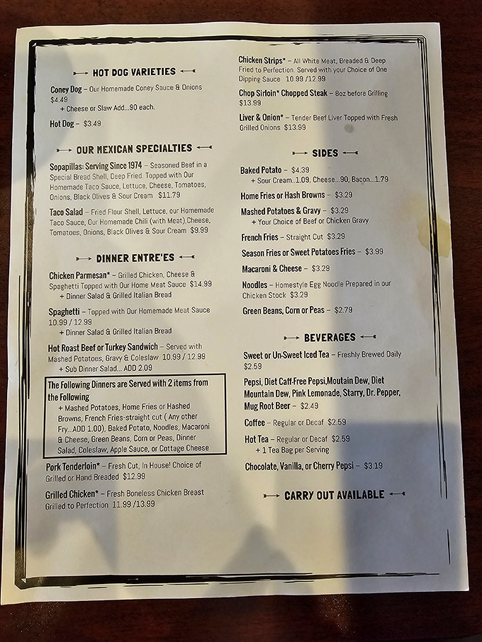 This menu tells the story of American comfort food without pretension&mdash;notice the Sopapillas have been delighting diners since 1974!