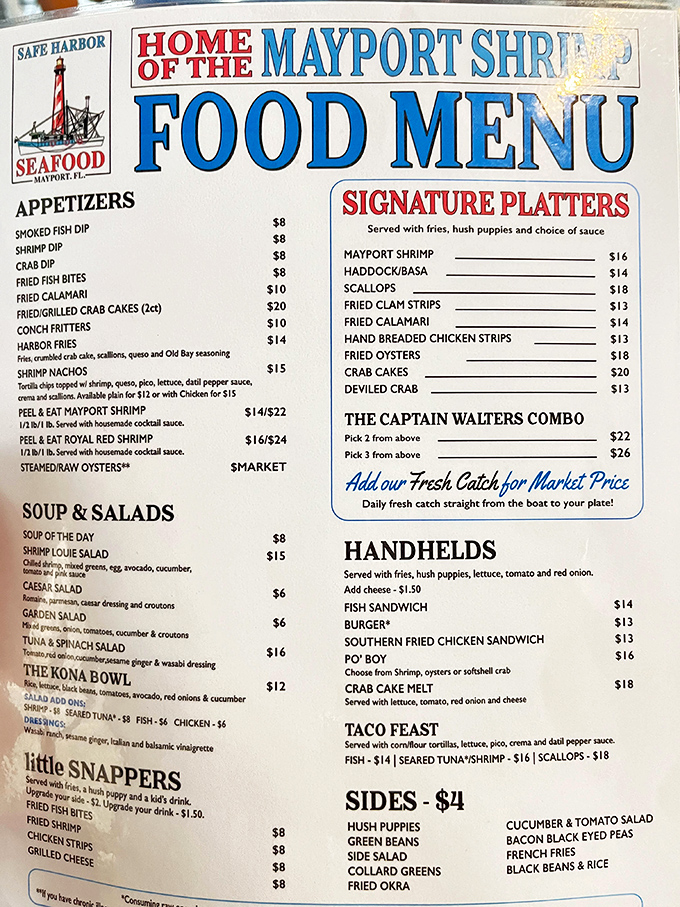 This menu isn't just a list&mdash;it's a treasure map. The Captain Walters Combo is the X that marks the spot for the indecisive seafood enthusiast.