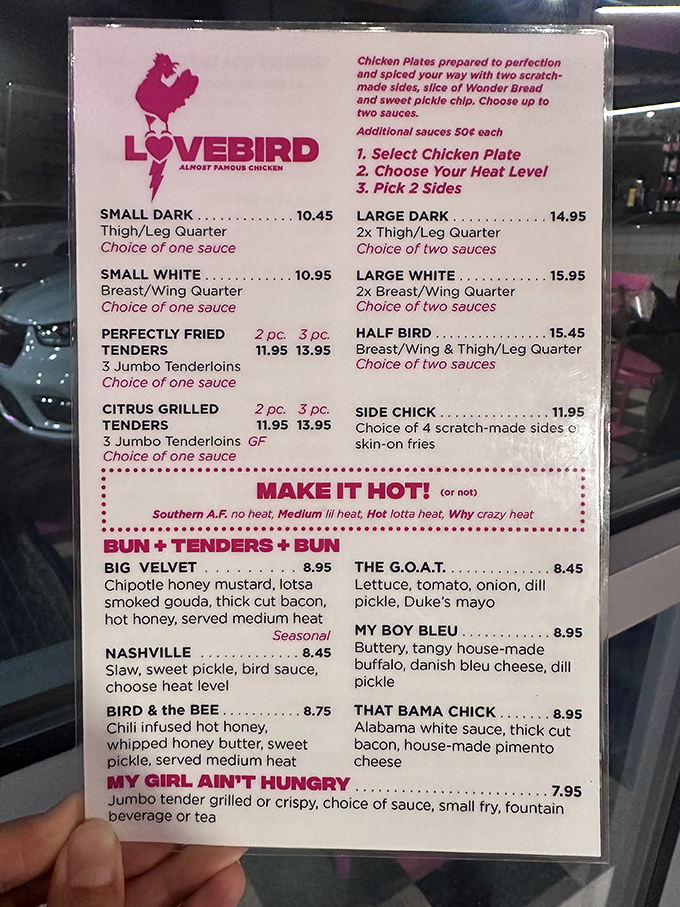 A menu that cuts straight to the chase: pick your chicken, choose your heat level, and prepare for a life-changing poultry experience.