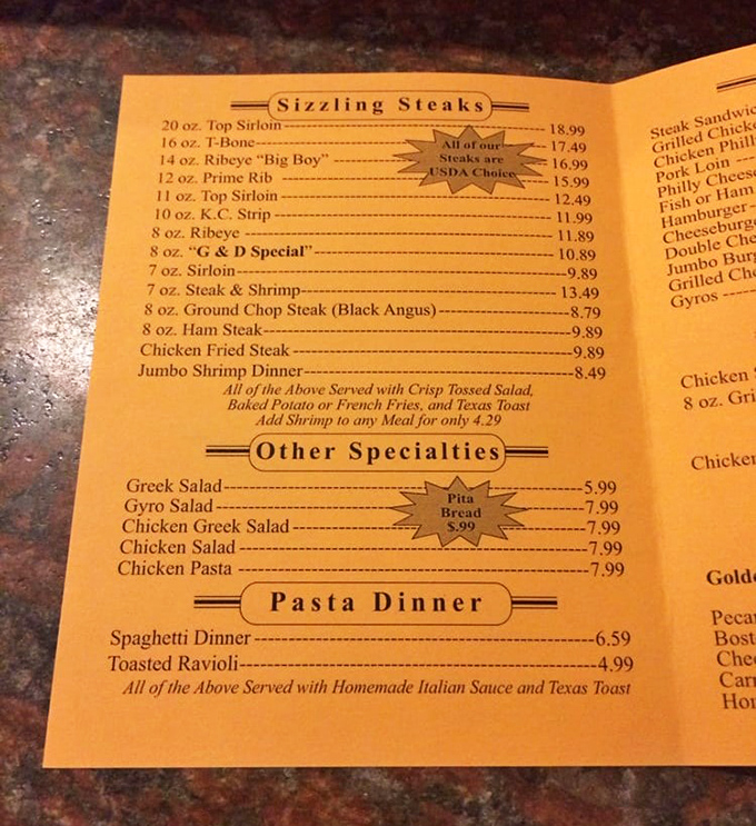 The classic menu at G&D Steakhouse reads like a love letter to comfort food – showcasing their USDA Choice steaks and Greek specialties that have kept Columbia coming back for decades.