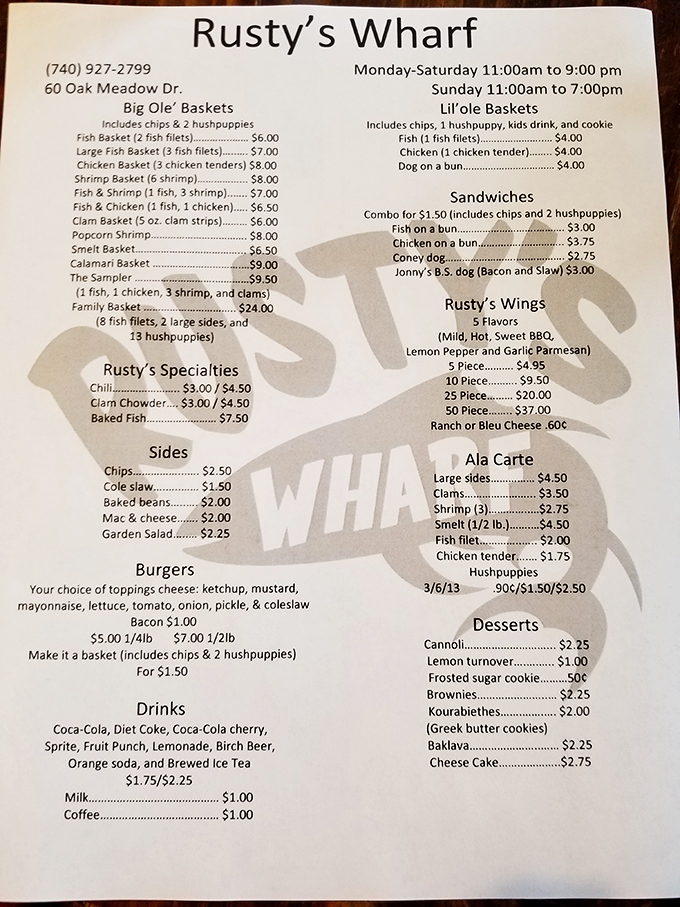 A menu of treasures that won't break the bank. The "Family Basket" with 8 fish fillets and 13 hushpuppies could feed a small fishing crew.