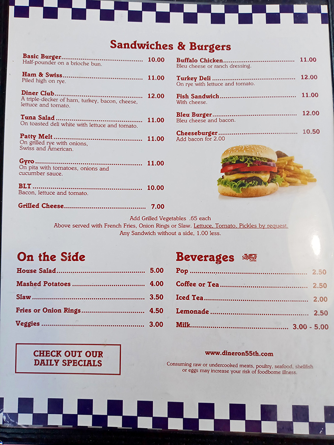 A menu that doesn't need spell-check or a translator—just honest food at honest prices. The Bleu Burger is calling my name like an old friend.