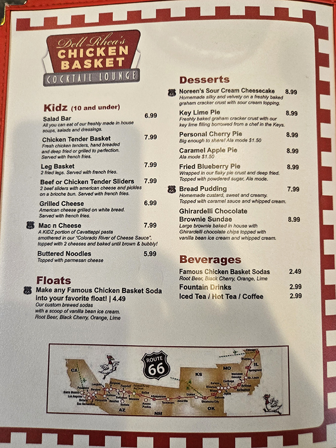 This menu isn't just a list of food options &ndash; it's a roadmap to happiness. The Route 66 illustration reminds you this meal is part of American history.