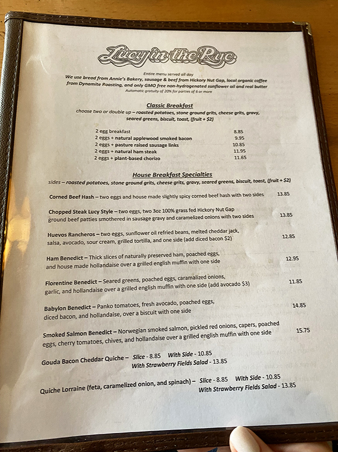 A menu that reads like a love letter to breakfast classics, with each description promising a story that ends with a satisfied sigh.