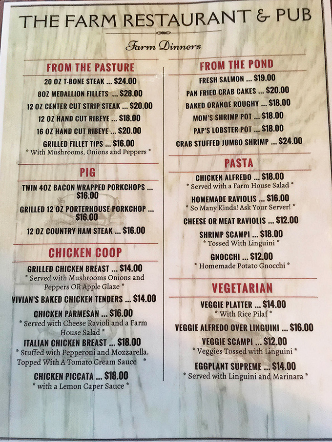 A menu that reads like a love letter to comfort food &ndash; organized by pasture, pond, and pig. Decision paralysis has never been so delicious.