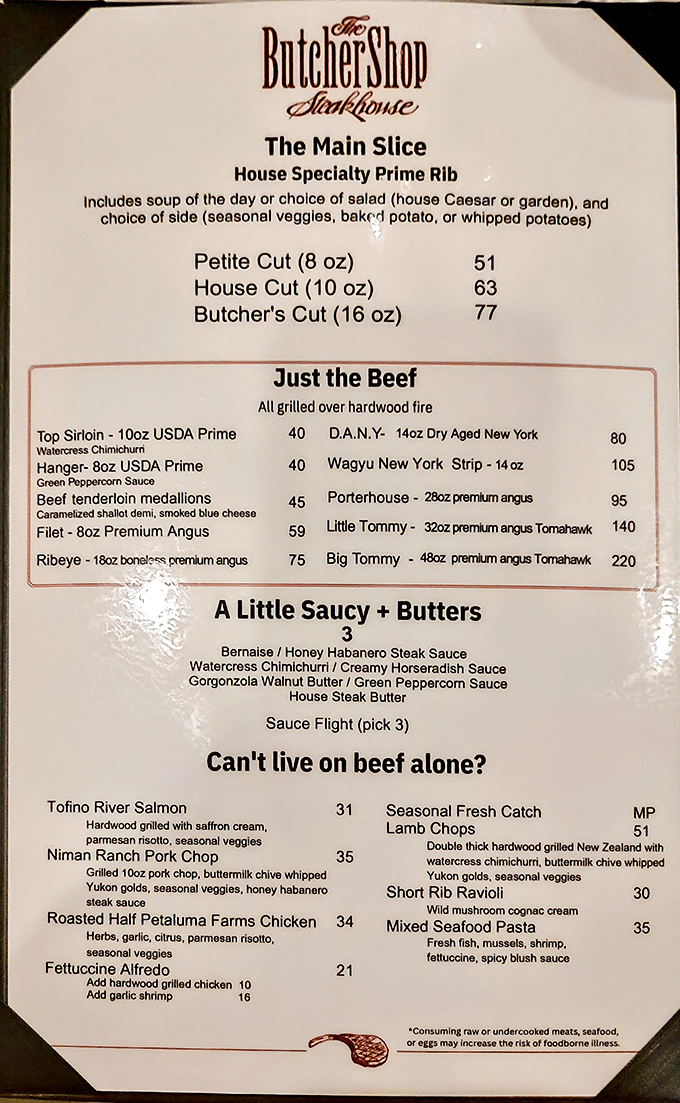 The menu reads like poetry to protein enthusiasts. From prime rib to tomahawk steaks, this is where vegetarians have nightmares and carnivores dream.
