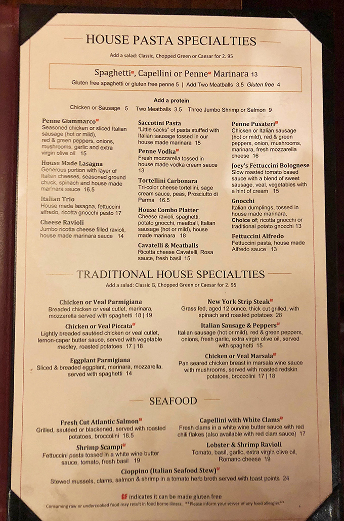The menu reads like a love letter to Italian cuisine, featuring house-made pasta specialties that have kept locals returning since 1999.