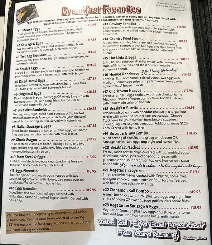 This menu isn't just a list of options&mdash;it's a roadmap to happiness. The "Breakfast Favorites" title might be the understatement of the century.