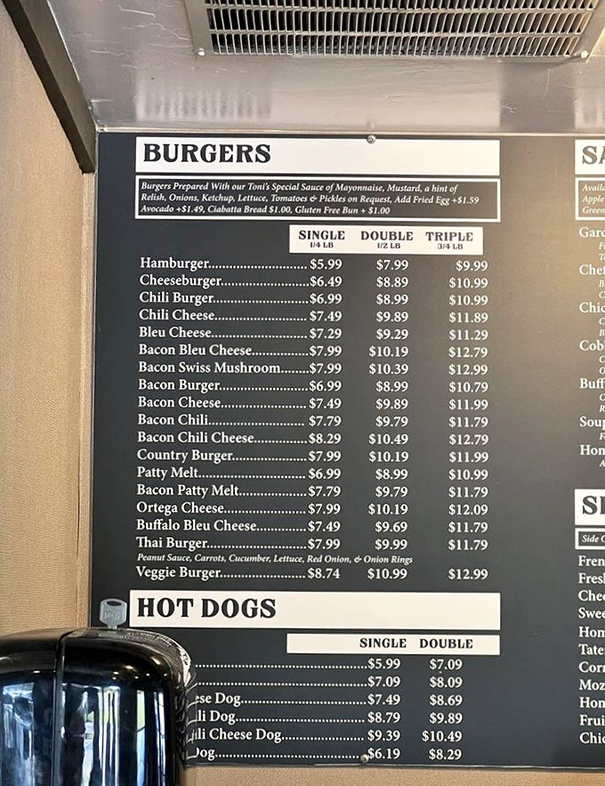 The burger menu at Toni's reads like poetry for the hungry soul. From Thai to Bleu Cheese, each option promises a different path to satisfaction.