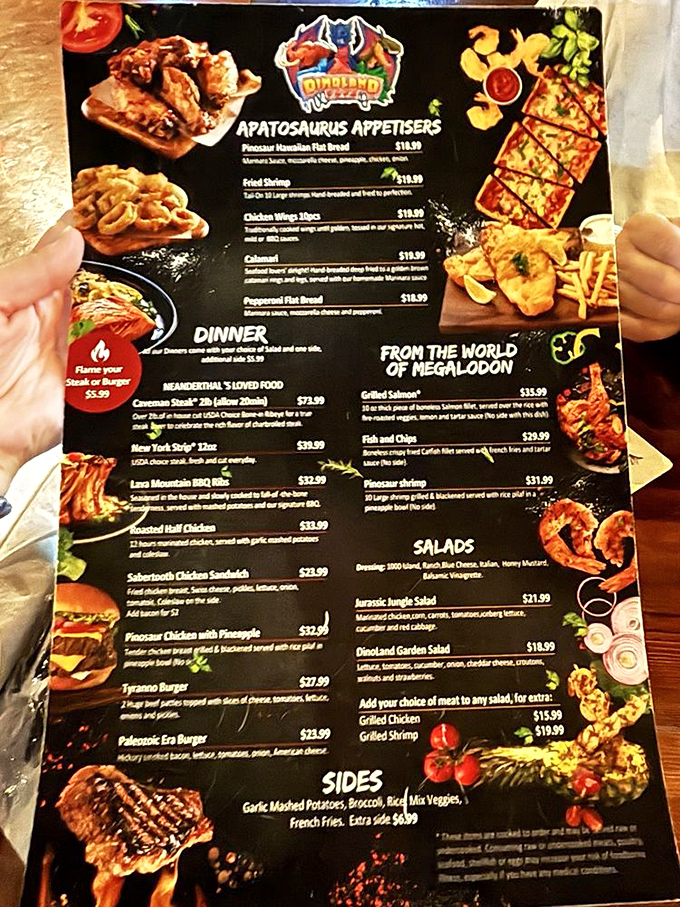 A menu where every dish sounds like it could eat you instead of the other way around. The "Apatosaurus Appetizers" alone are worth the trip.