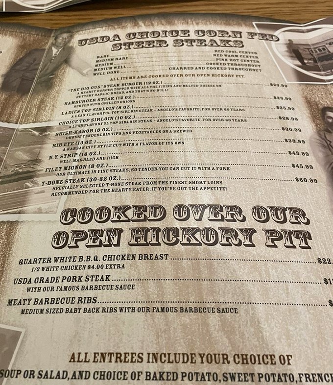 The menu reads like a love letter to beef enthusiasts. When they say "cooked over our open hickory pit," they mean business.