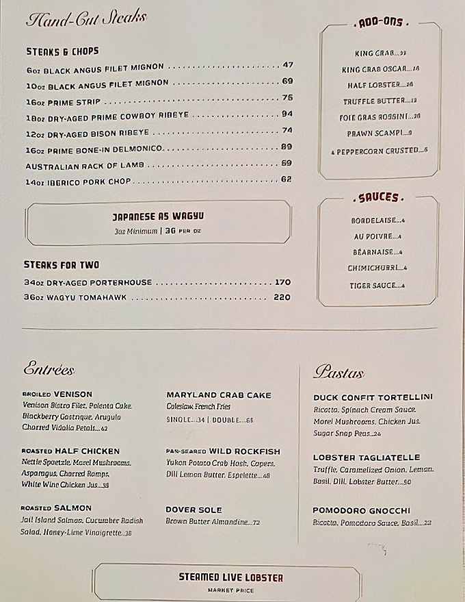 This menu isn't just a list of options—it's a love letter to carnivores with hand-cut steaks that make vegetarians question their life choices.