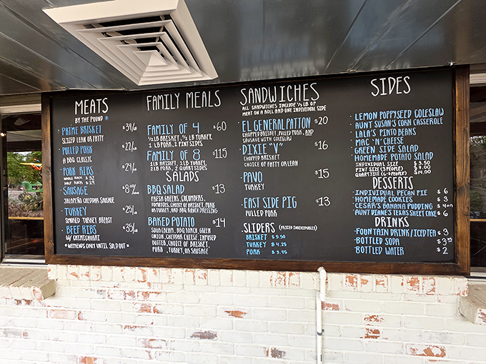 That chalkboard menu isn't just a list&mdash;it's a roadmap to happiness. Each category promises smoky treasures that would make a Texan tip their hat.