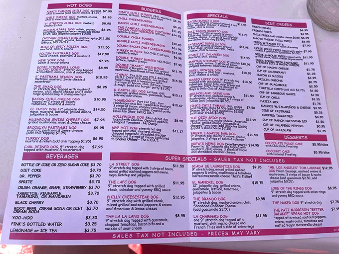 Reading Pink's menu is like flipping through a Hollywood script where every character is deliciously unhealthy and absolutely worth meeting.