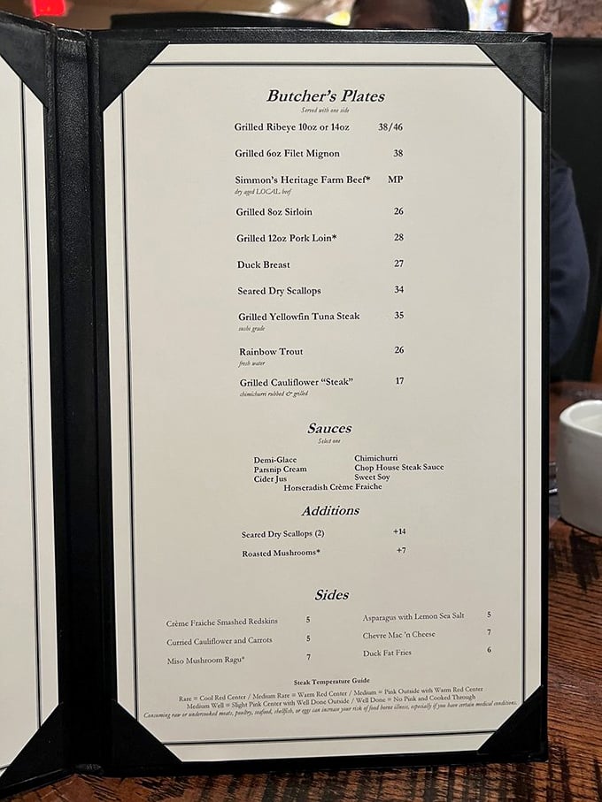 A menu that reads like a love letter to carnivores. The steak temperature guide at the bottom is the thoughtful touch that separates amateurs from professionals.