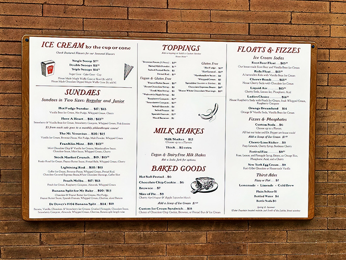 This isn't just a menu—it's a passport to dessert adventures past. Phosphates, egg creams, and sundaes that would make your grandparents nod knowingly.