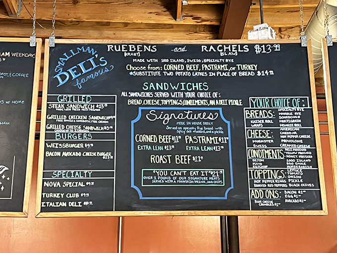 The chalkboard menu reads like a love letter to Jewish deli traditions, with Reubens and Rachels stealing the spotlight.