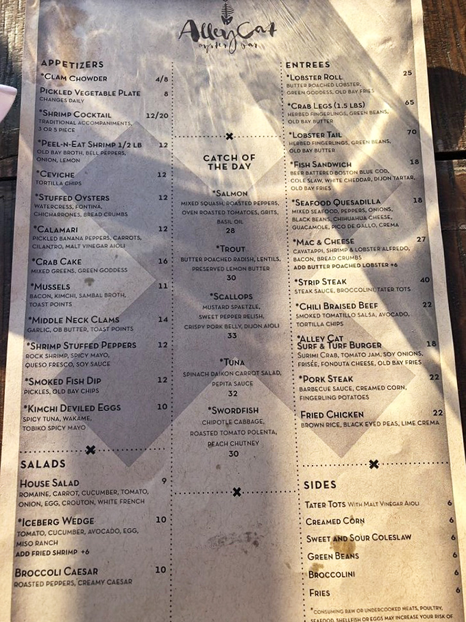 A menu that reads like poetry for seafood lovers. Notice how they don't waste precious space explaining what oysters are&mdash;they know why you're here.
