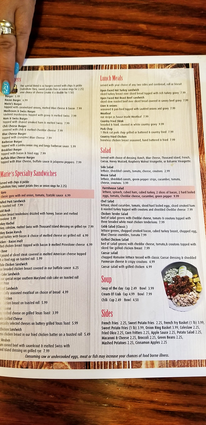 The menu at Marie's reads like a love letter to American comfort food classics. That pork chop listing? It's the culinary equivalent of finding hidden treasure.