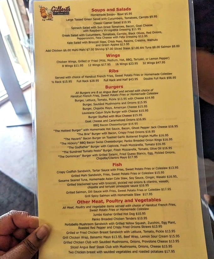 This menu reads like a love letter to American classics. Notice how "Burgers" gets its own special section? That's foreshadowing.