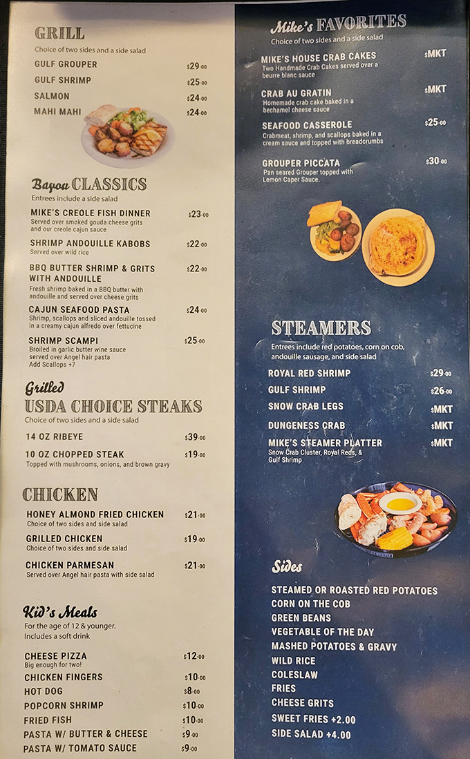 The menu reads like a love letter to the Gulf, where seafood classics meet Cajun creativity in perfect harmony.