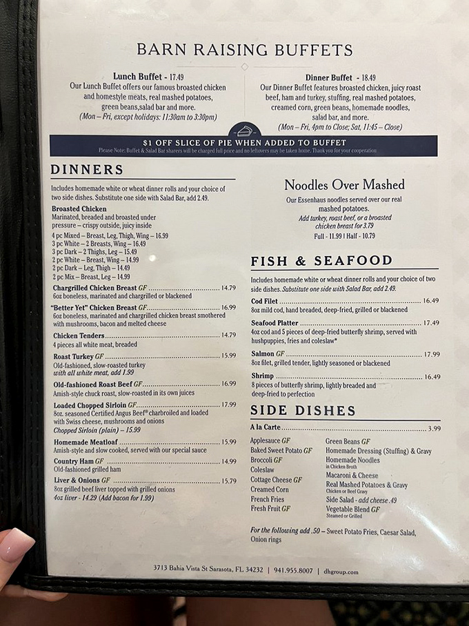 The legendary "Barn Raising Buffet" menu reads like a love letter to comfort food, with broasted chicken and real mashed potatoes stealing the spotlight.
