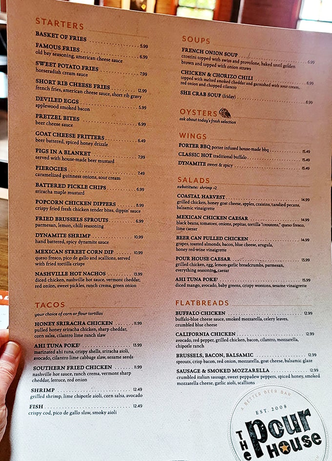 The menu reads like a love letter to comfort food with an adventurous twist. Notice how "OYSTERS" gets its own special icon&mdash;they know what brings the crowds.