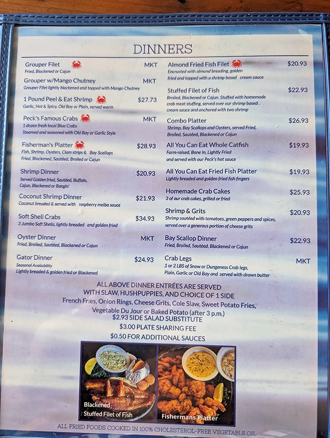 A menu that reads like poetry to seafood lovers. The "MKT" notations are restaurant code for "caught it this morning, priced it this afternoon."