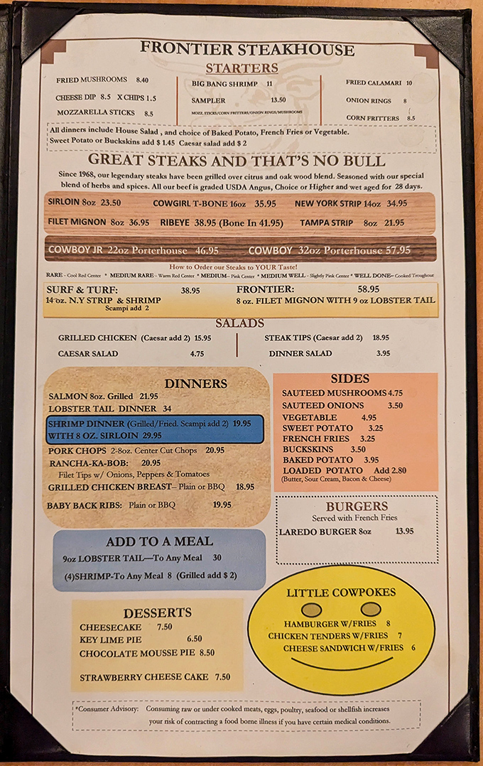 A menu that gets straight to the point: "GREAT STEAKS AND THAT'S NO BULL." When a restaurant is this confident, your taste buds should pay attention.