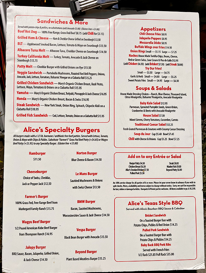 This menu isn't just food options; it's a roadmap to happiness. The BMW Burger isn't luxury transportation&mdash;it's bacon, mushrooms, and Swiss.