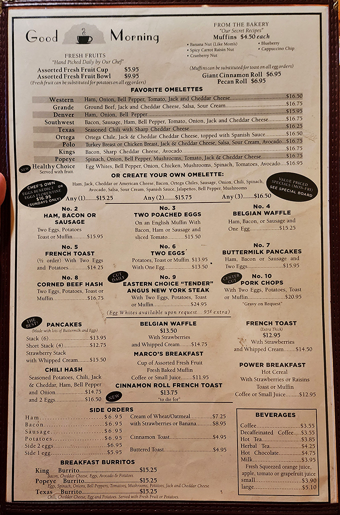 The breakfast menu reads like a love letter to morning classics, with omelets named after cities and a "Healthy Choice" option for when your doctor checks your Instagram.