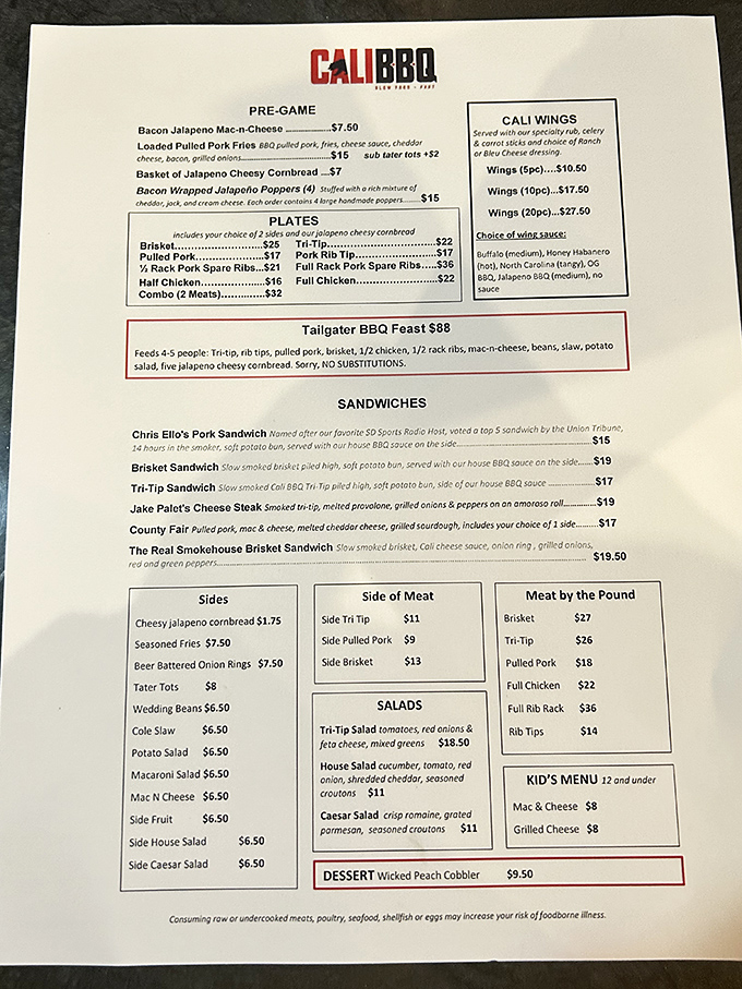 A menu that reads like a love letter to smoked meats. The Tailgater BBQ Feast is basically a carnivore's dream team.