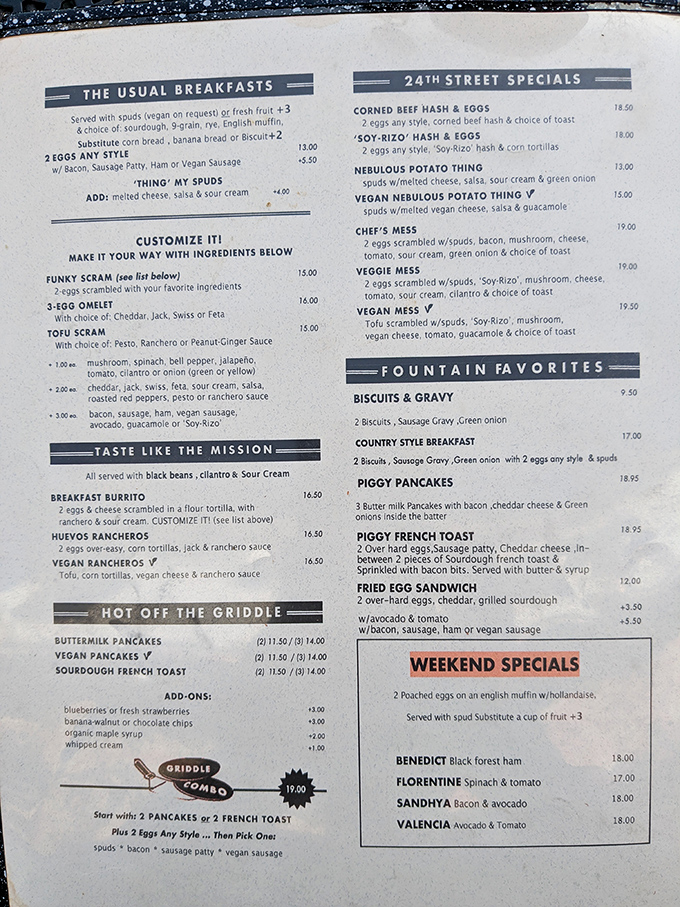 This menu reads like a love letter to comfort food, where "Nebulous Potato Thing" and "Piggy Pancakes" prove the best dishes often have the silliest names.