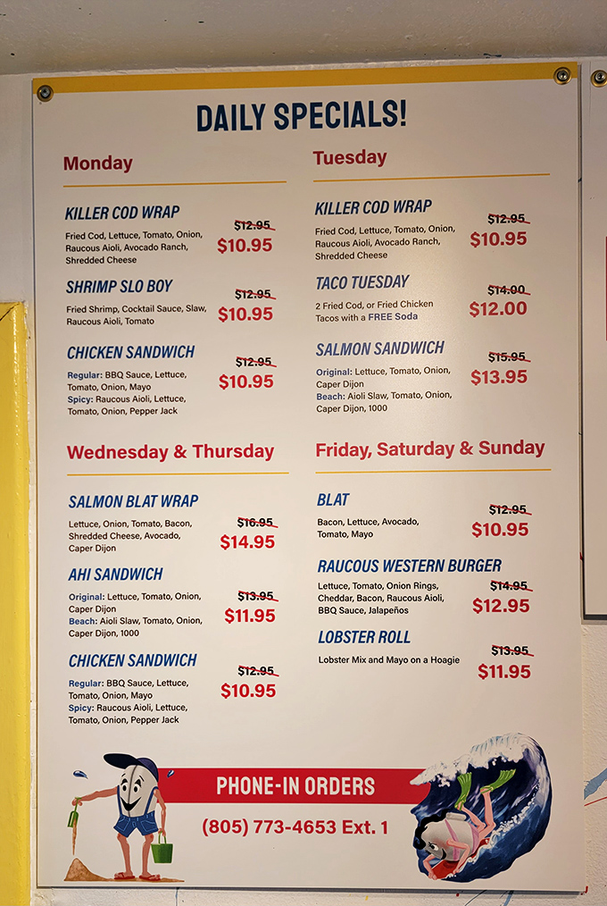 The daily specials board reads like a coastal dream sequence – Killer Cod Wraps, Raucous Western Burgers, and other ocean-to-table delights await your decision.